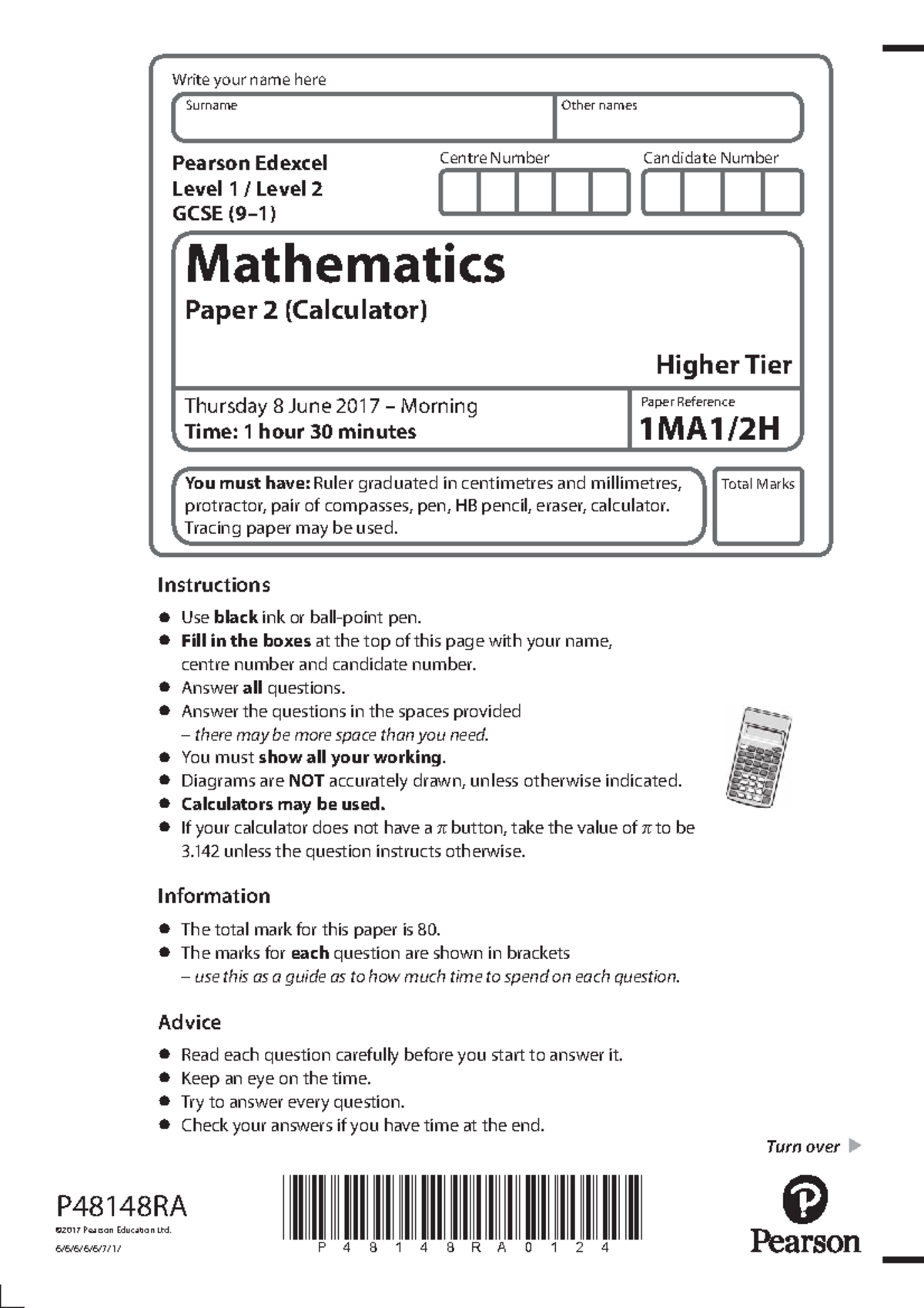 Mathematics Paper 2 (Calculator) Higher Tier - June 2017 Exam - Studocu