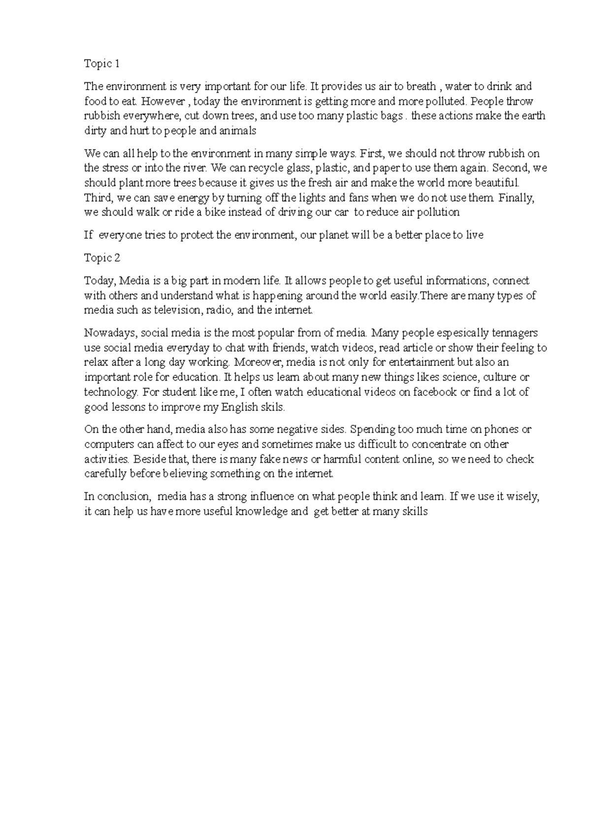 English Speaking Topics: Environment & Media Insights - Studocu