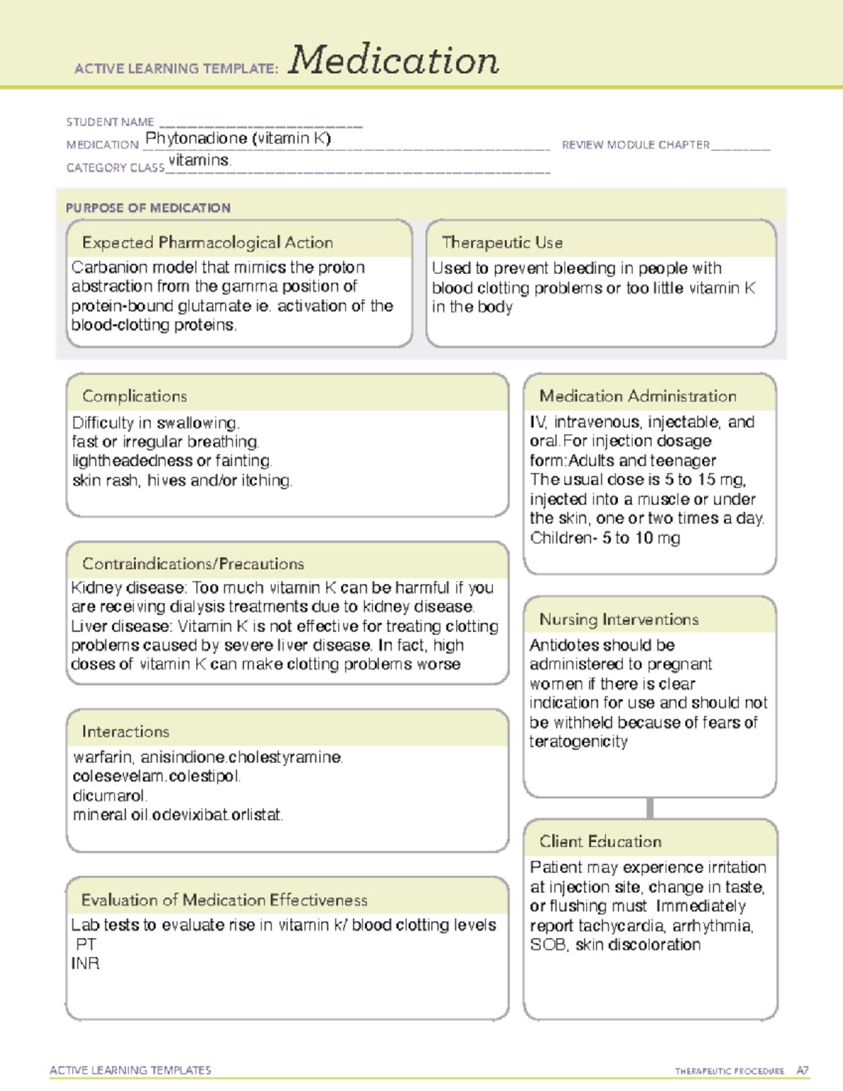 12 Vitamin K - ACTIVE LEARNING TEMPLATE: Medication STUDENT NAME ...