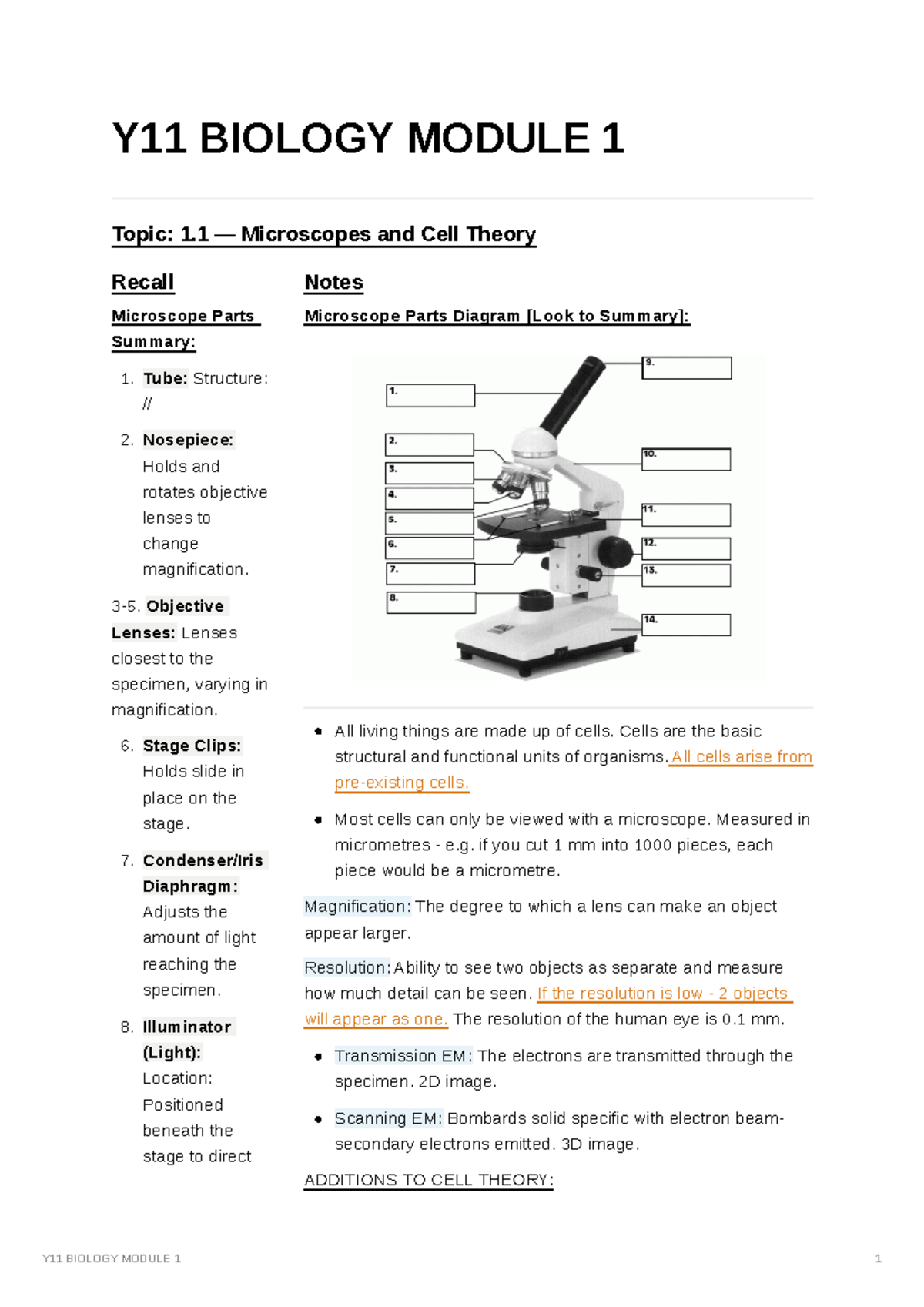 HSC Y11 Biology Module 1 - Y11 BIOLOGY MODULE 1 Topic: 1 — Microscopes ...