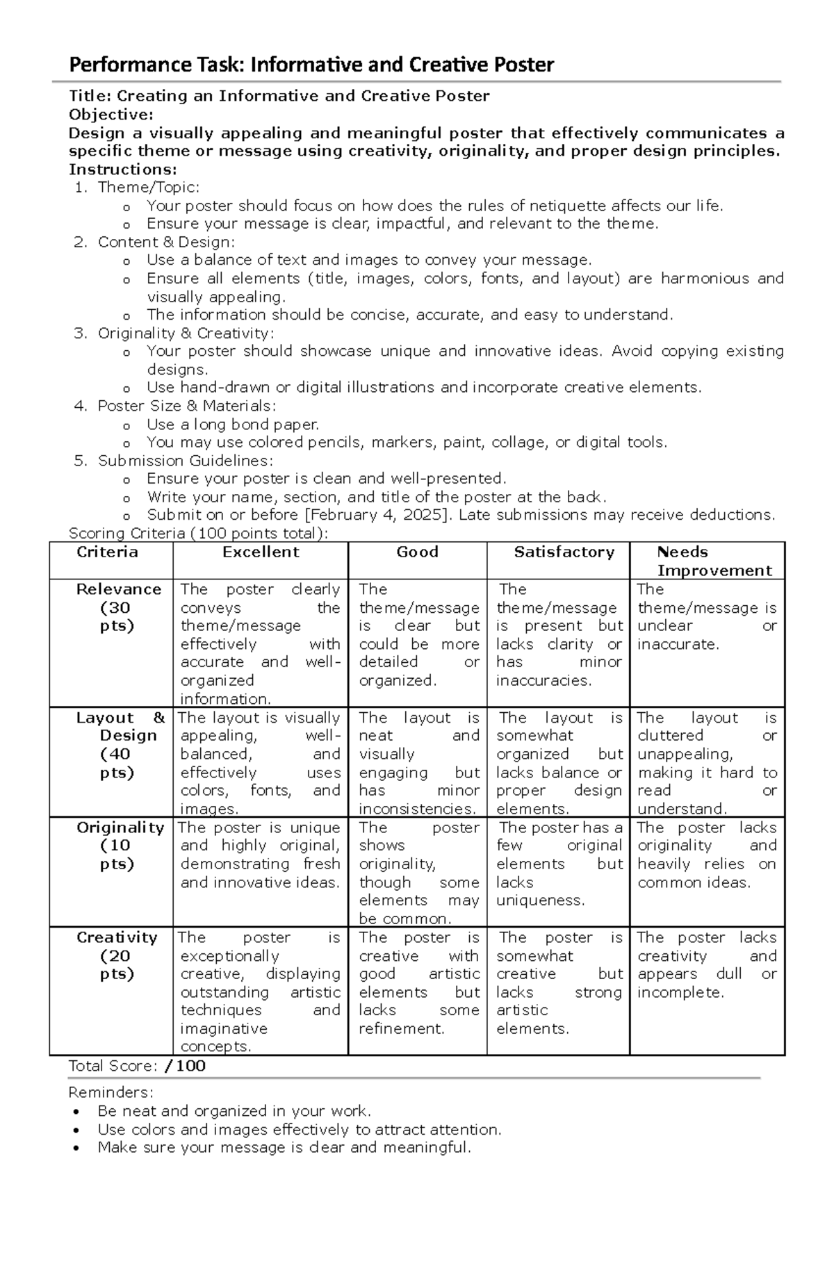 Performance Task - kjjj - Performance Task: Informative and Creative ...