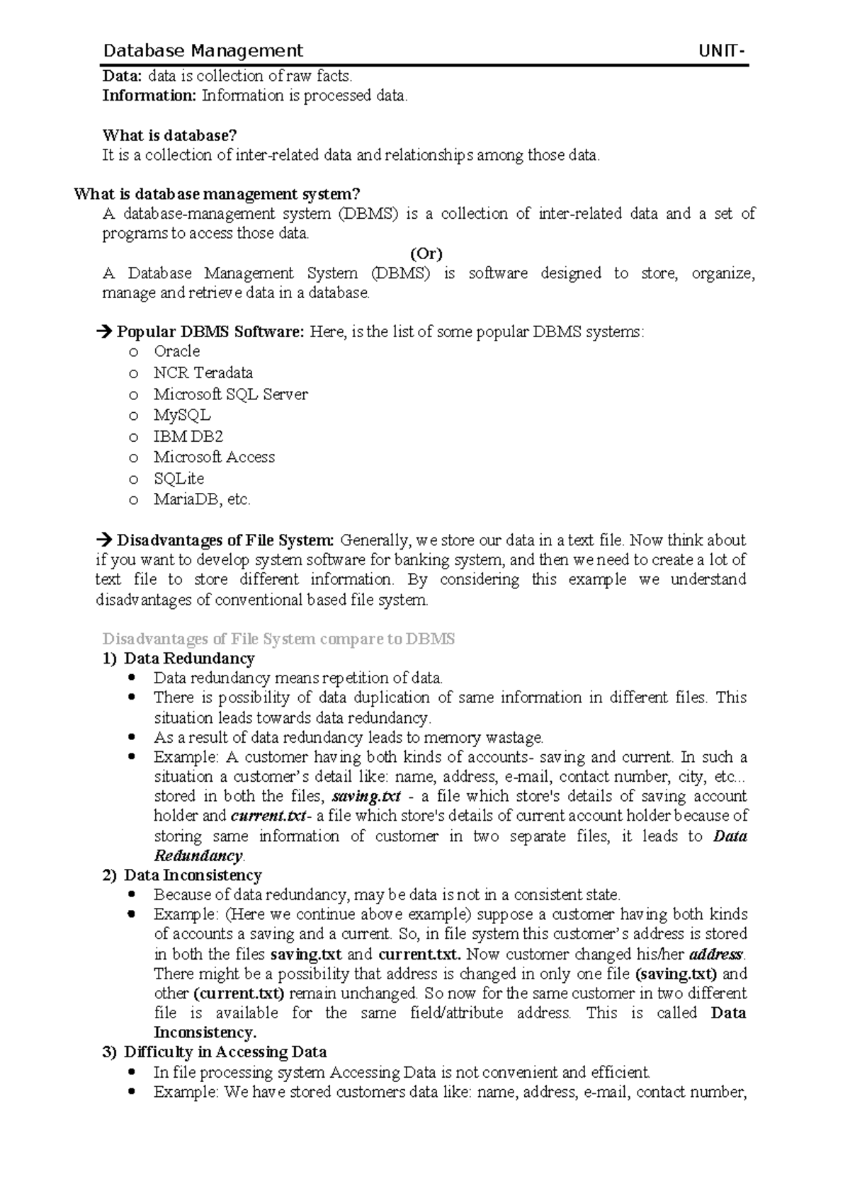 DBMS UNIT I - Comprehensive Notes on Database Management Systems - Studocu