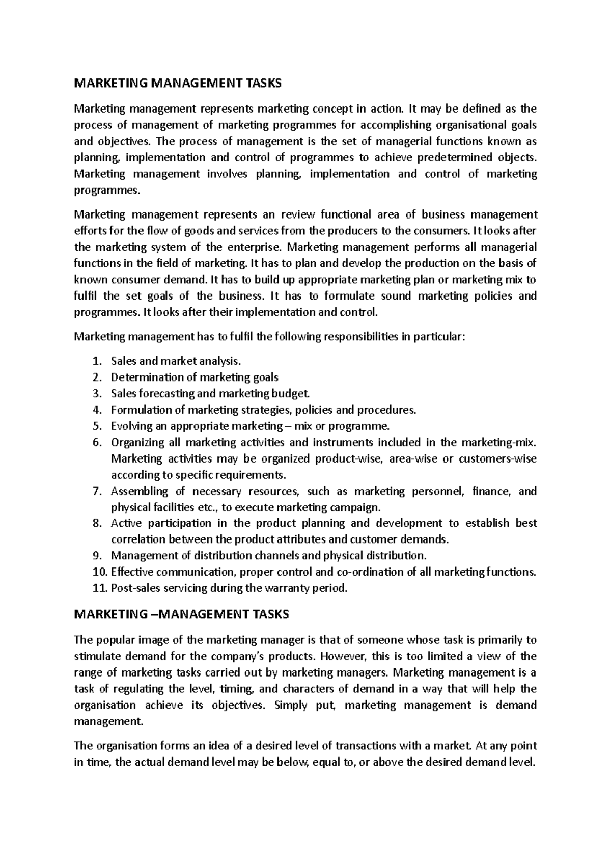 Marketing Management Tasks Overview and Key Functions - Studocu