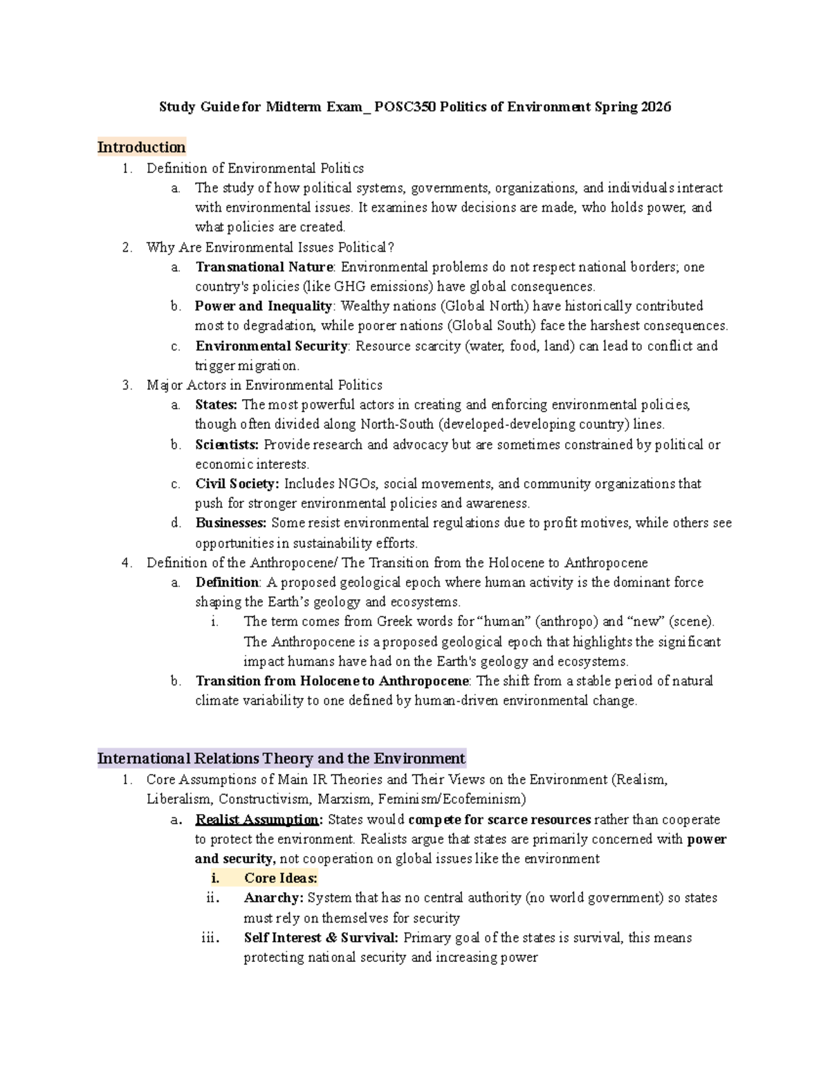 Study Guide for Midterm Exam: POSC350 Politics of Environment - Studocu