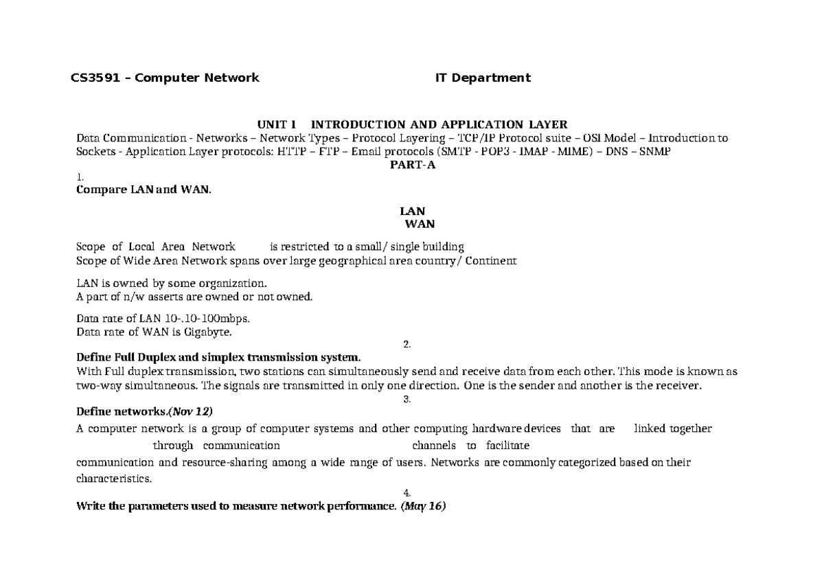 Cs3591 Computer Networks Unit I Question Bank On Data Communication
