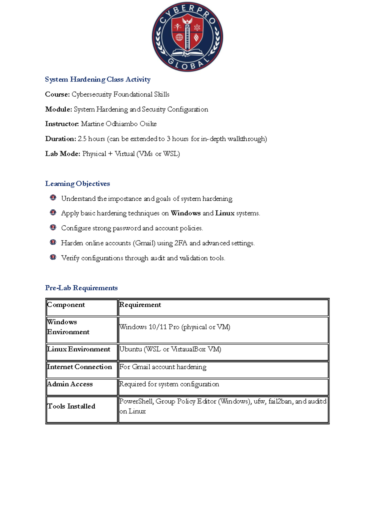 System Hardening Class Activity: Cybersecurity Skills Module - Studocu