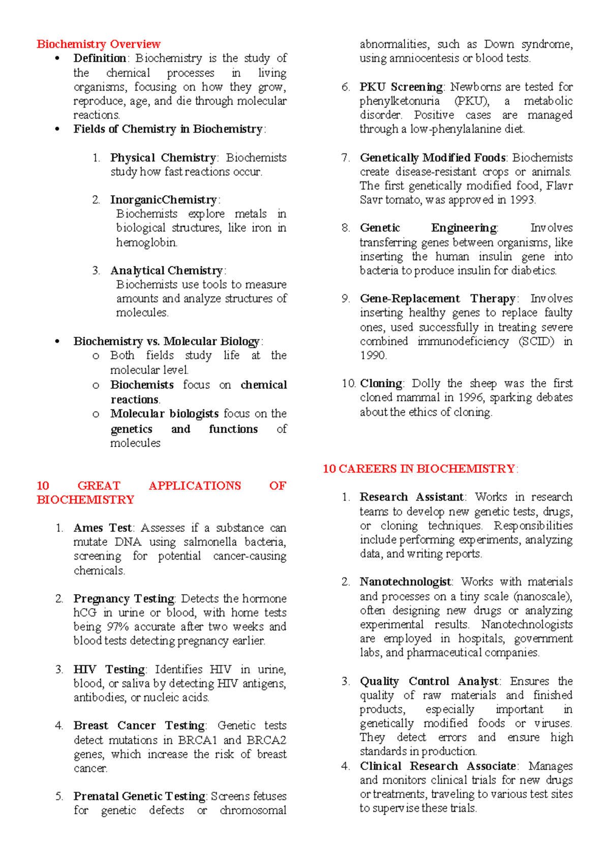 Biochemistry Overview: Key Concepts, Applications, and Careers - Studocu