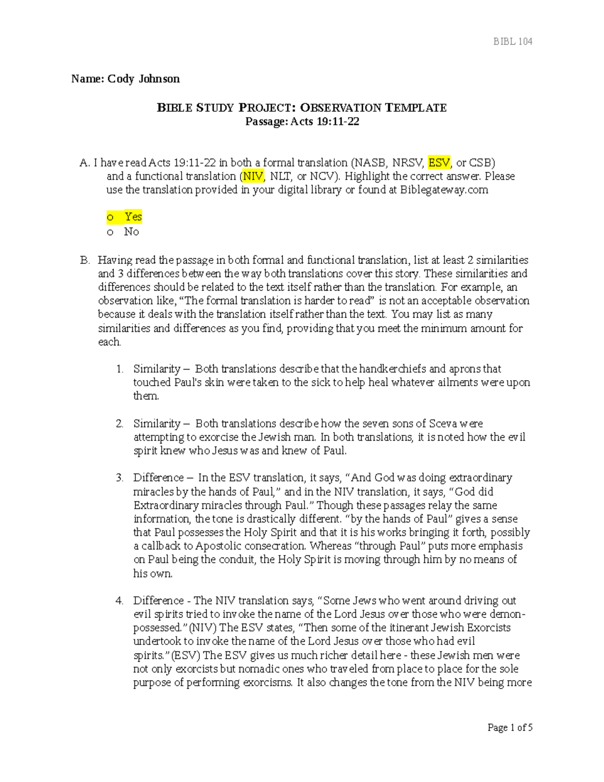 Bible Study Project Observation on Acts 19:11-22 BIBL104 - Studocu