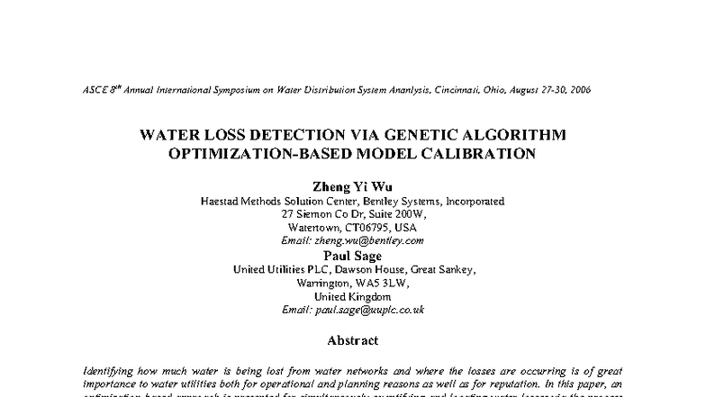 Water Loss Detection via Genetic Algorithm: ASCE 8th Symposium 2006 ...