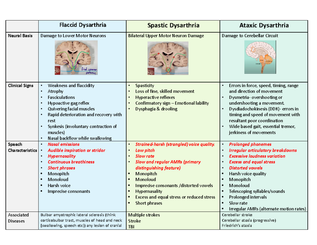 Dysarthria Types Chart: Flaccid, Spastic, Ataxic Overview - Studocu