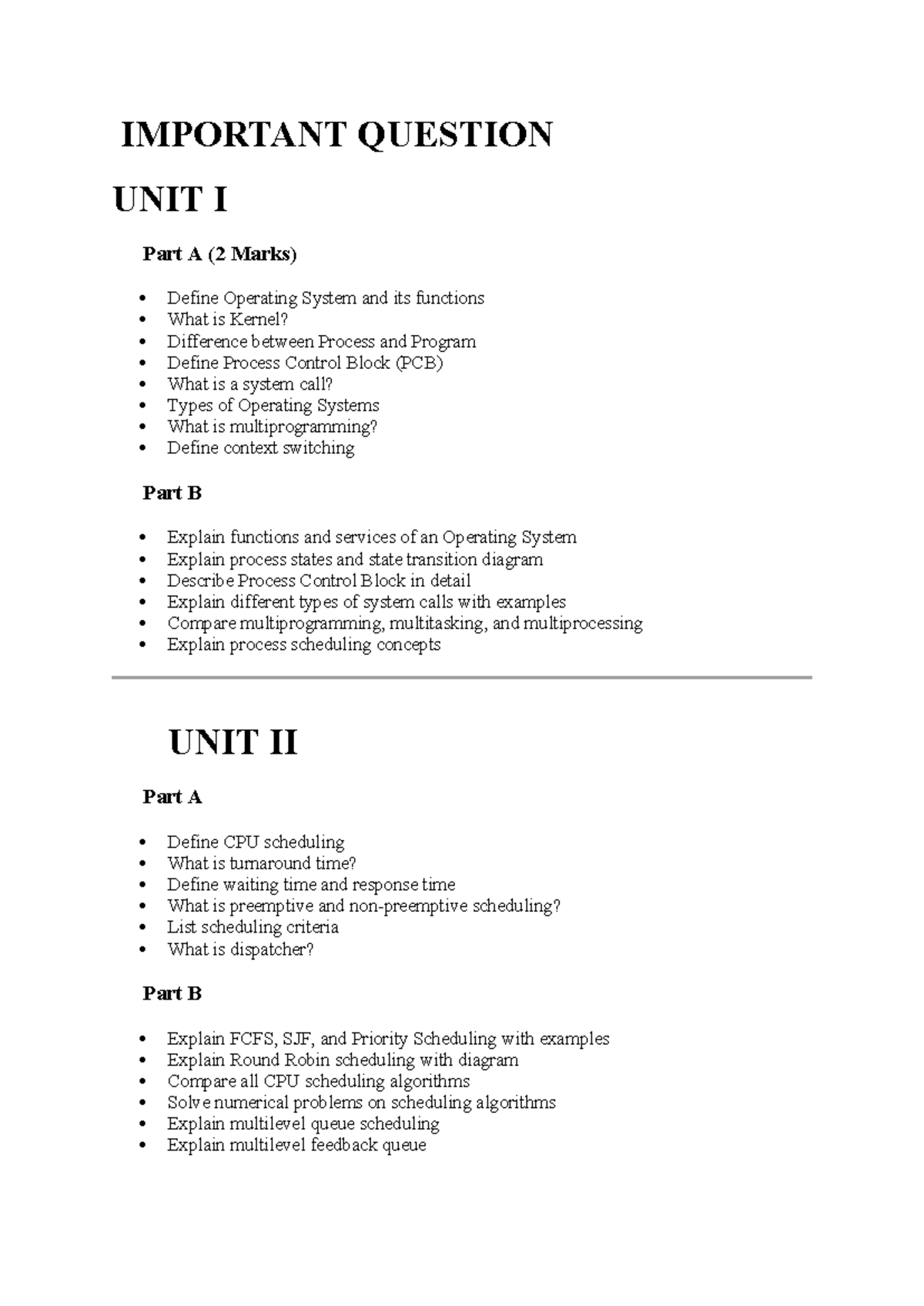 Important Questions for OS (AIML) - Units I to IV - Studocu
