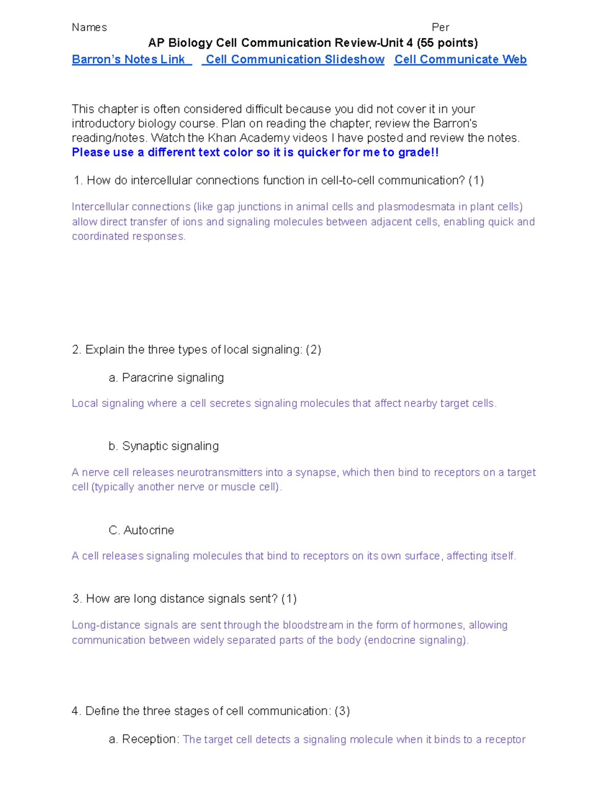 AP-Bio Cell communication worksheet - AP Biology Cell Communication ...
