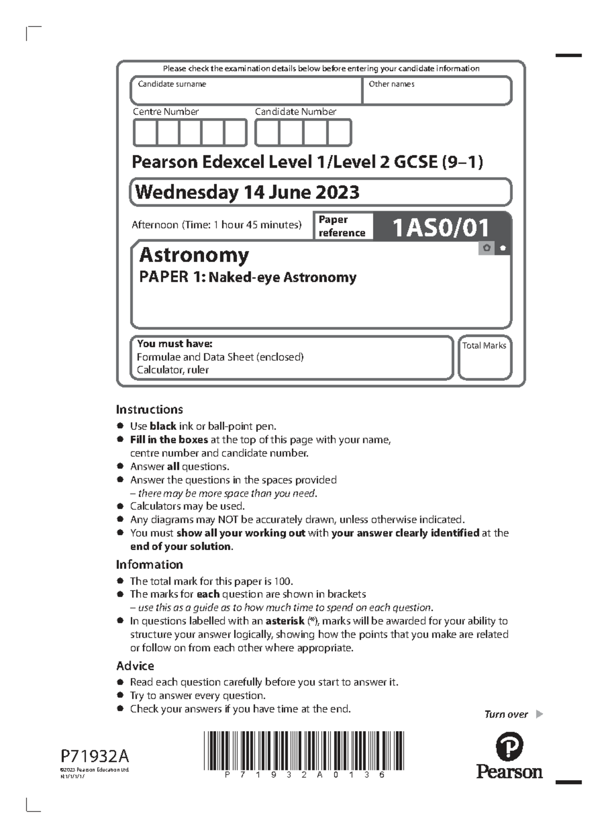 GCSE 2023 Astronomy Past Paper 1 Examination Details and Instructions ...