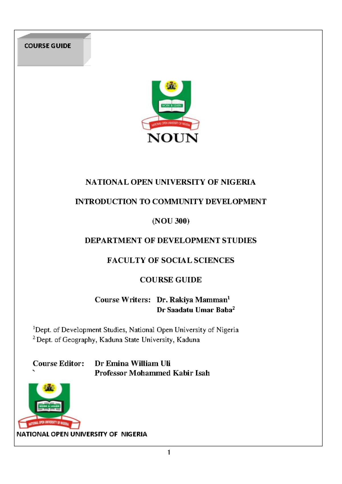 NOU 300 Course Guide: Introduction to Community Development - Studocu