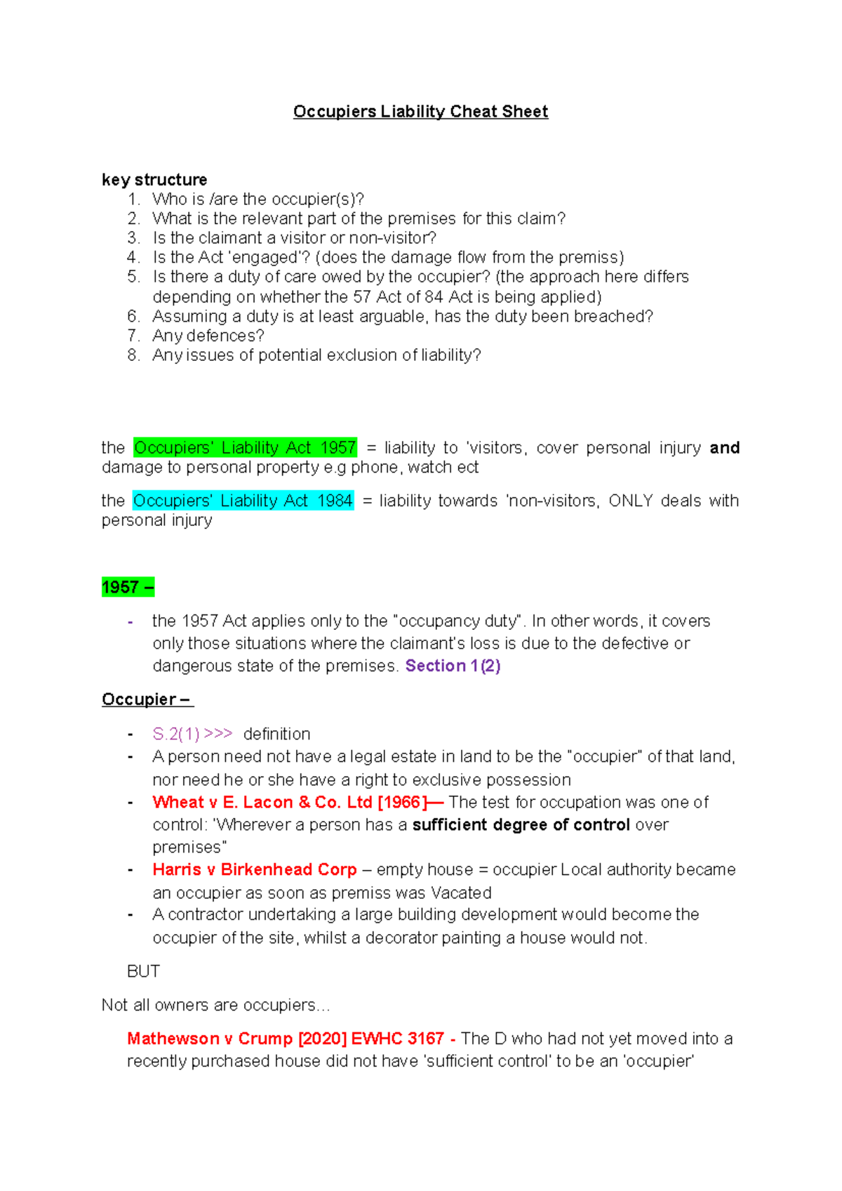 Occupiers Liability Cheat Sheet: Key Points on 1957 & 1984 Acts - Studocu