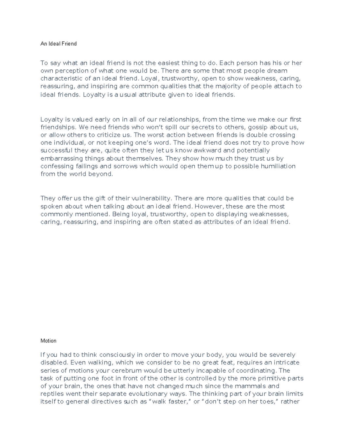 Essay Notes: Characteristics of an Ideal Friend and Motion Analysis ...