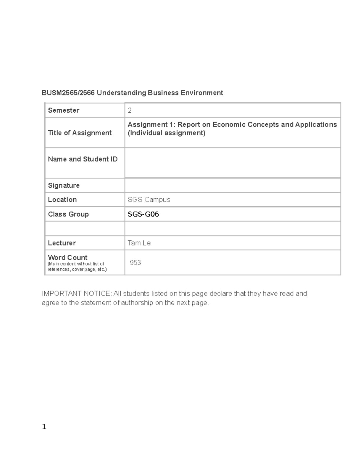 SGS 2023: Economic Concepts & Applications Report - Assignment 1 - Studocu