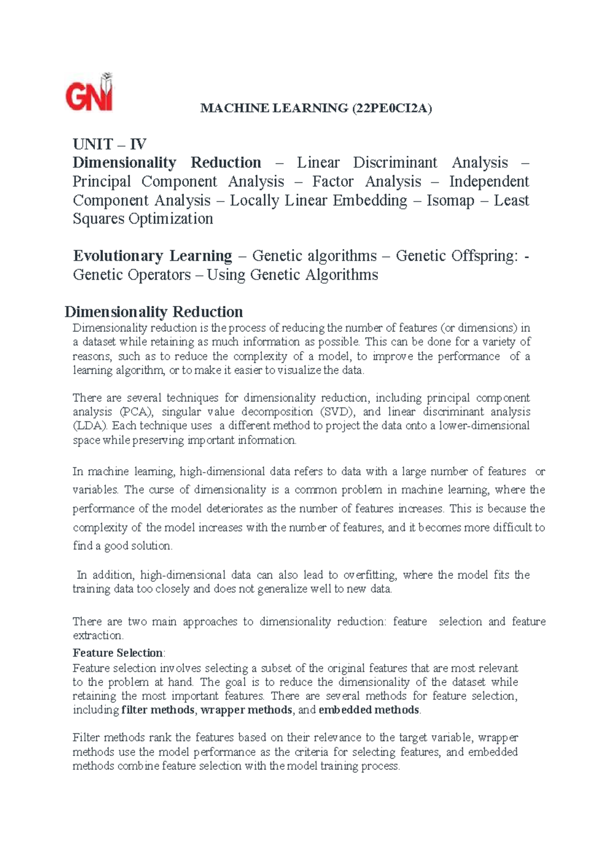 MACHINE LEARNING (22PE0CI2A) UNIT IV: Dimensionality Reduction ...