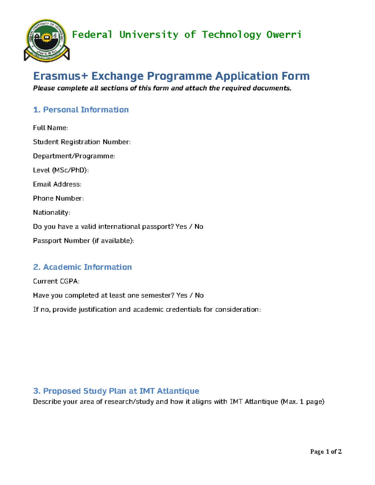Erasmus Exchange Programme Application Form - FUTO IMT Atlantique - Studocu