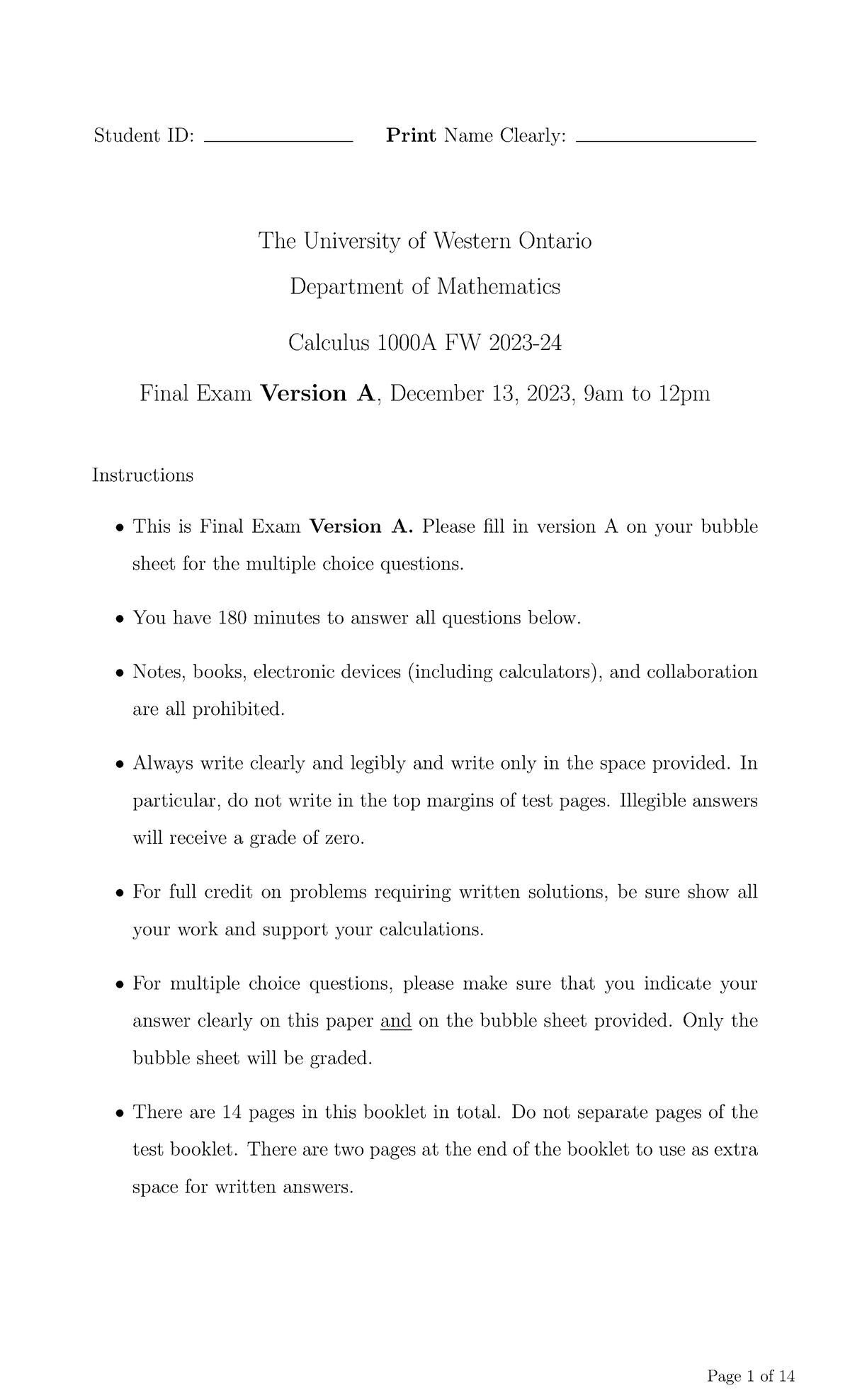 Calculus FW Final Exam Version A - The University of Western Ontario ...