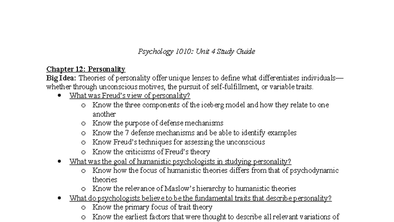 Psychology 1010: Unit 4 Study Guide on Personality & Psychological ...