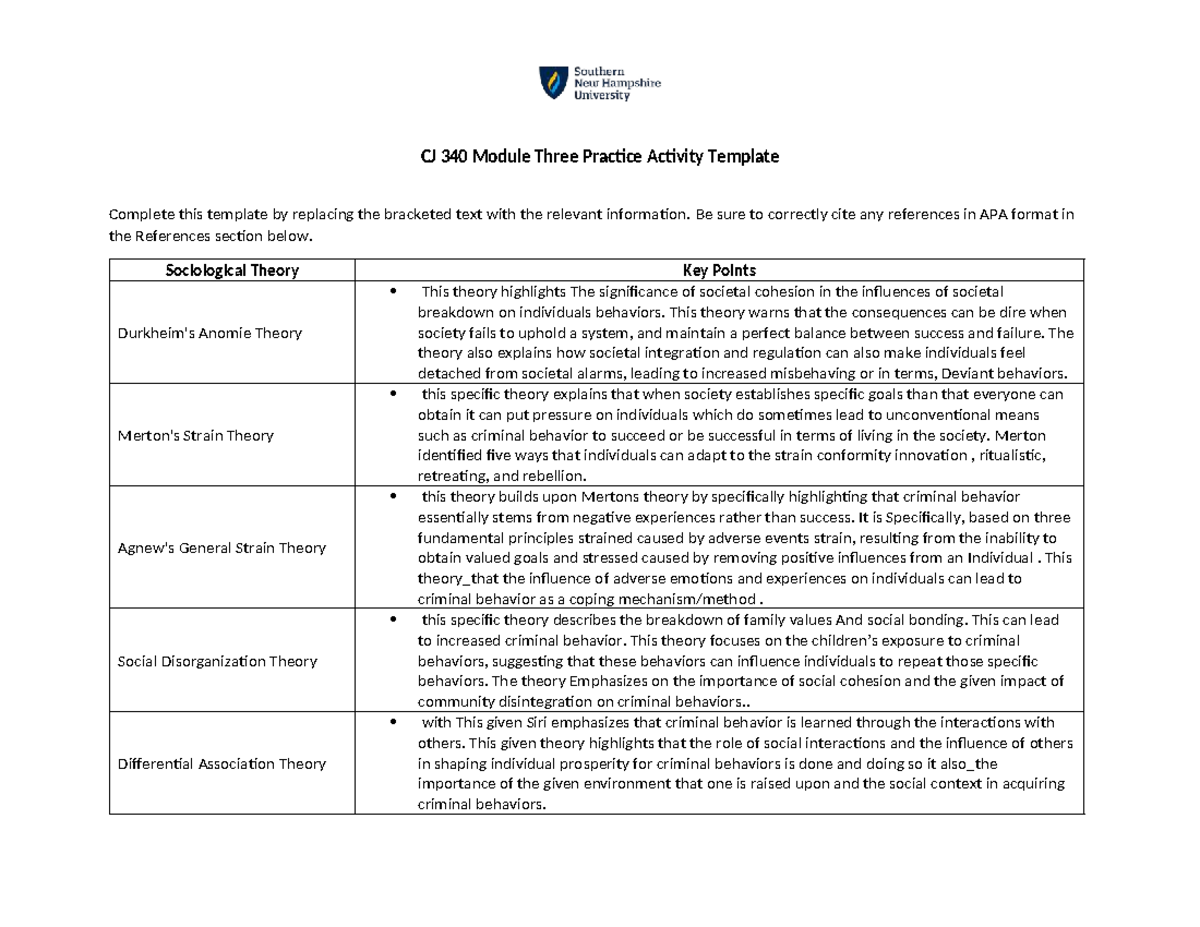 CJ 340 Module 3 Practice Activity: Sociological Theories & Crime ...