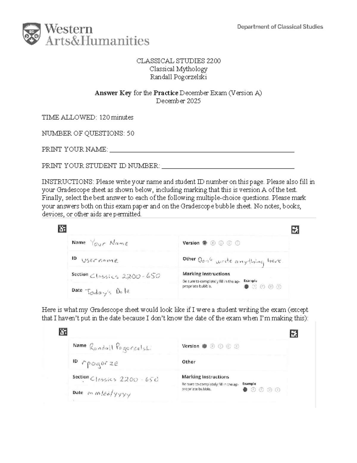 Classics 2200 Answer Key for December Exam (Version A) - Studocu