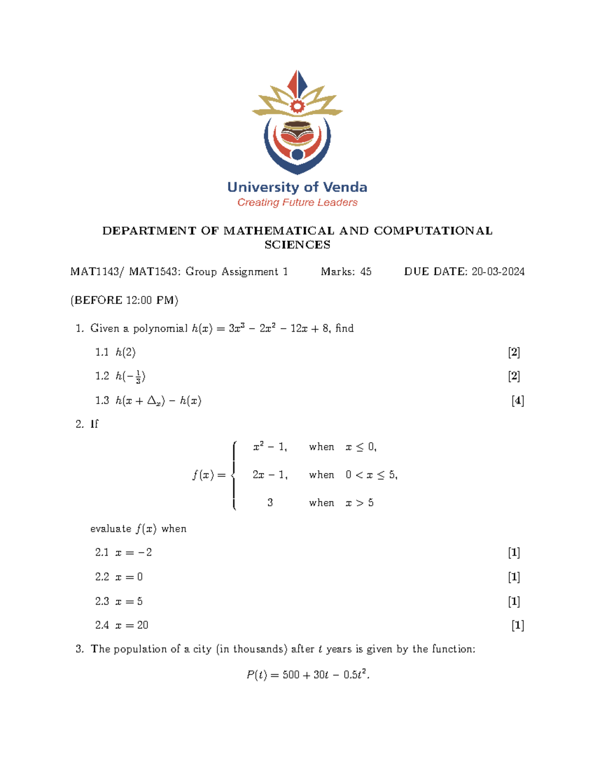 MAT 1143 Group Assignment 01: Polynomial and Function Evaluation - Studocu