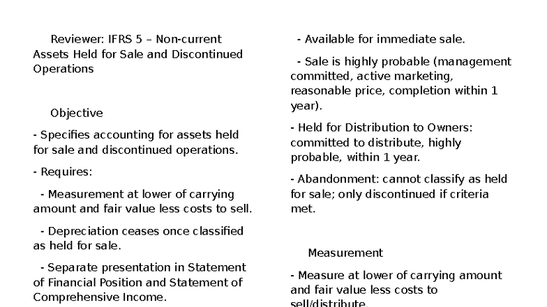 Summary of IFRS 5: Assets Held for Sale & Discontinued Ops - Studocu