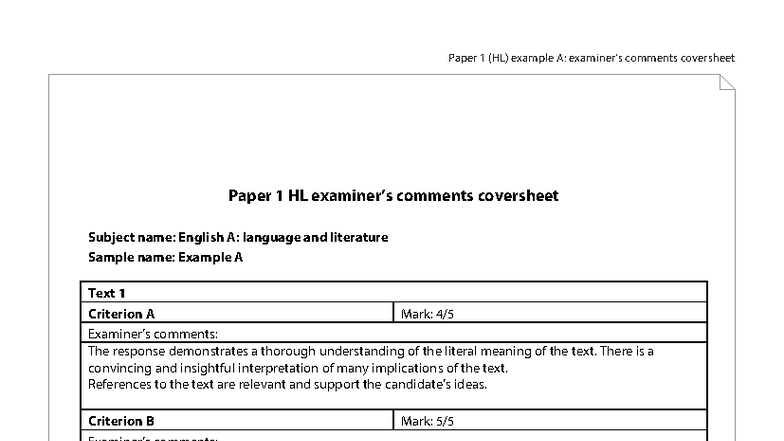 English A: Language & Literature HL Paper 1 Example A Comments - Studocu