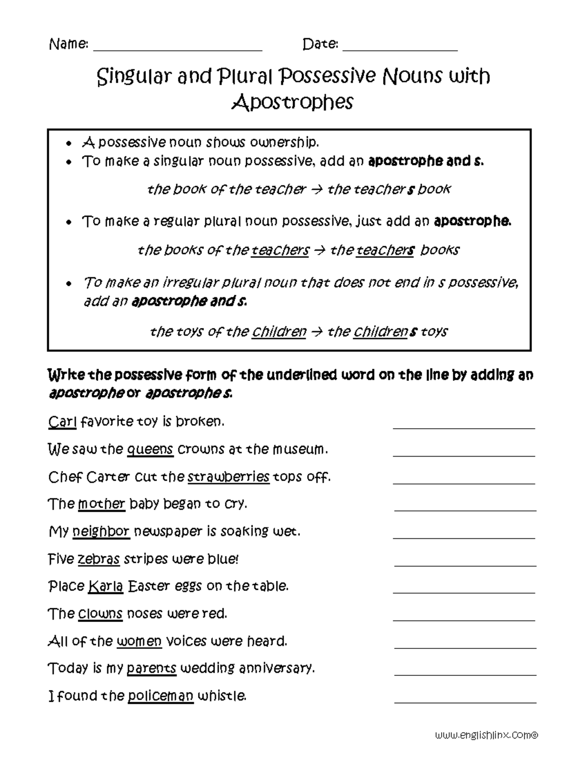 Singular & Plural Possessive Nouns with Apostrophes - Kn knk - Studocu