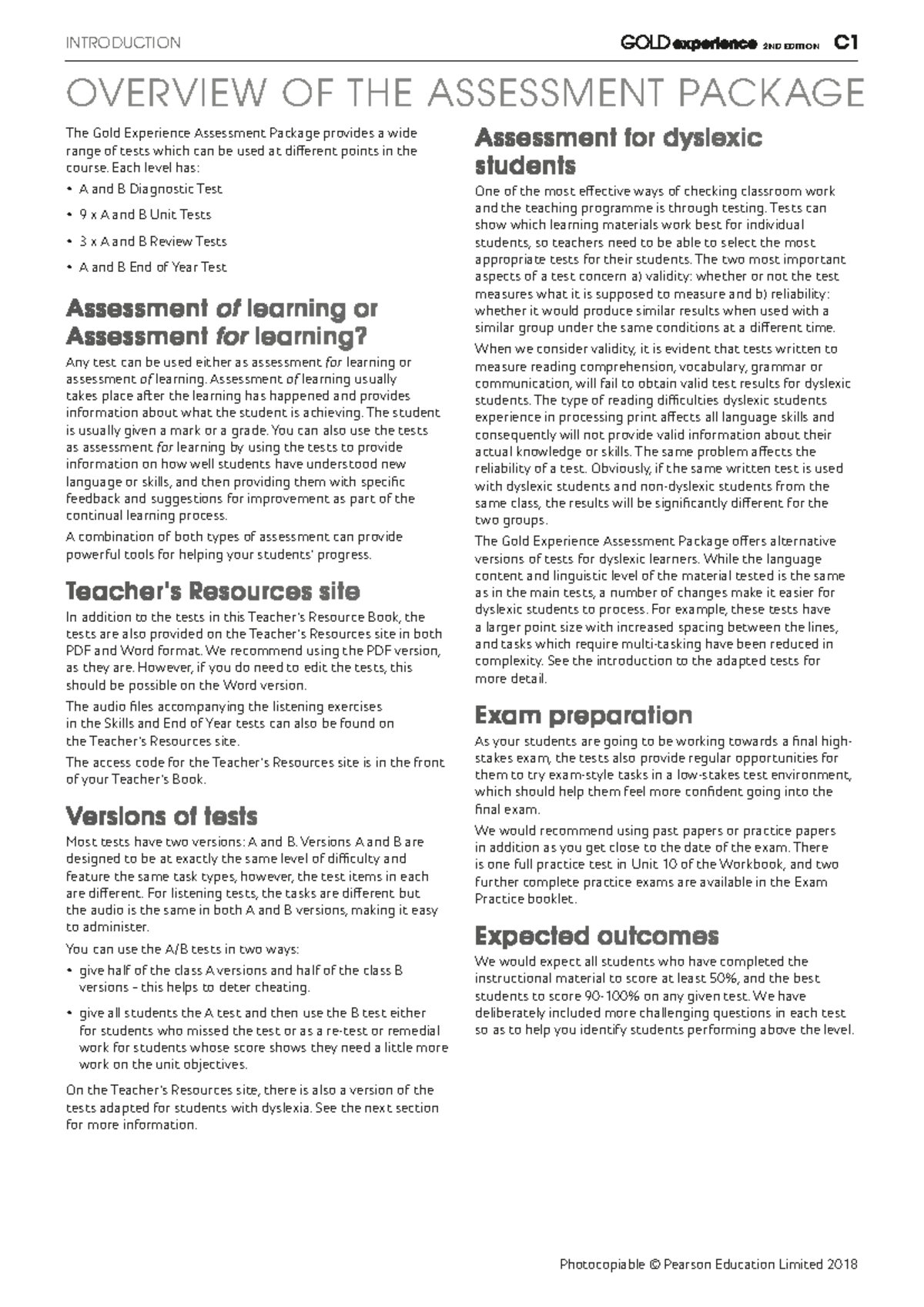 Gold Experience C1 Assessment Package Overview & Test Formats - Studocu