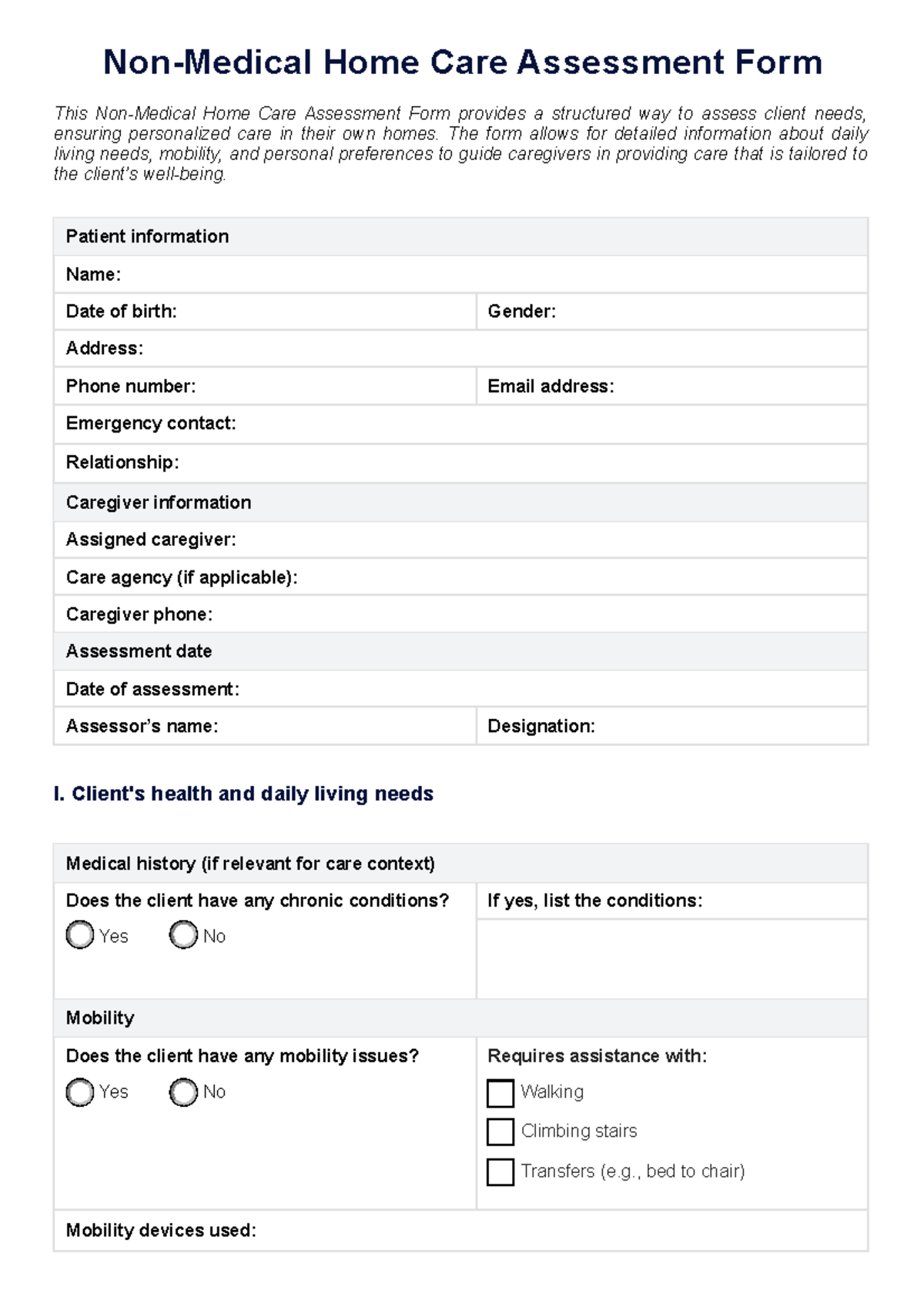 Home Care Assessment Form: Client Needs Evaluation - Studocu