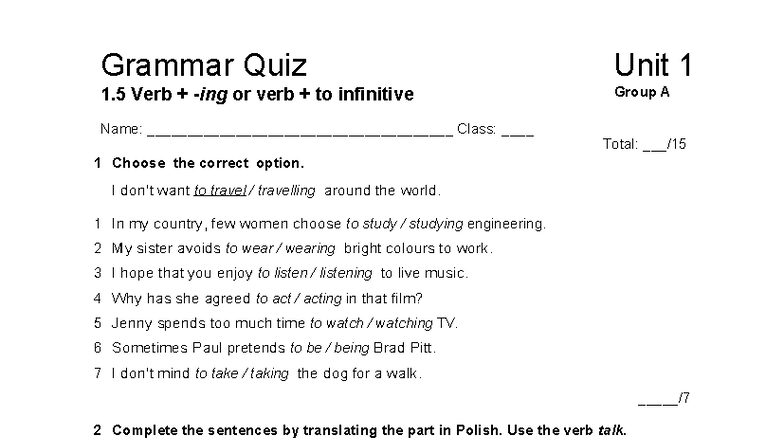 Focus 2 2ed Grammar Quiz 1.5: Verb vs. Infinitive - Studocu