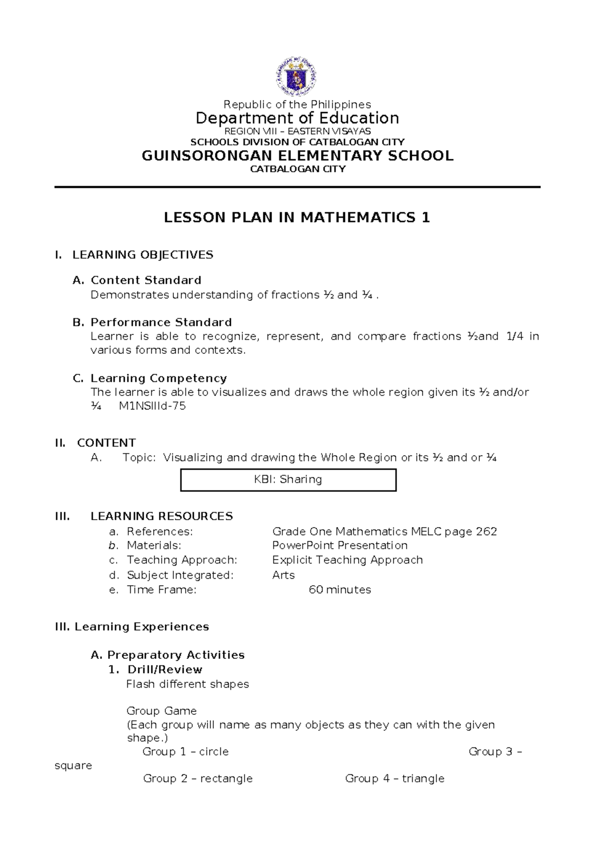 Grade 1 Mathematics Lesson Plan on Fractions (58752003) - Studocu