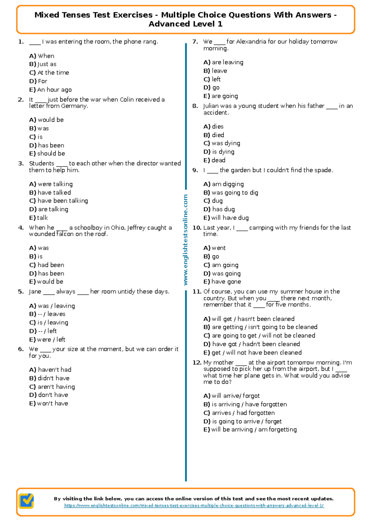 500 Advanced Mixed Tense Test Exercises - Level 1 MCQs with Answers ...