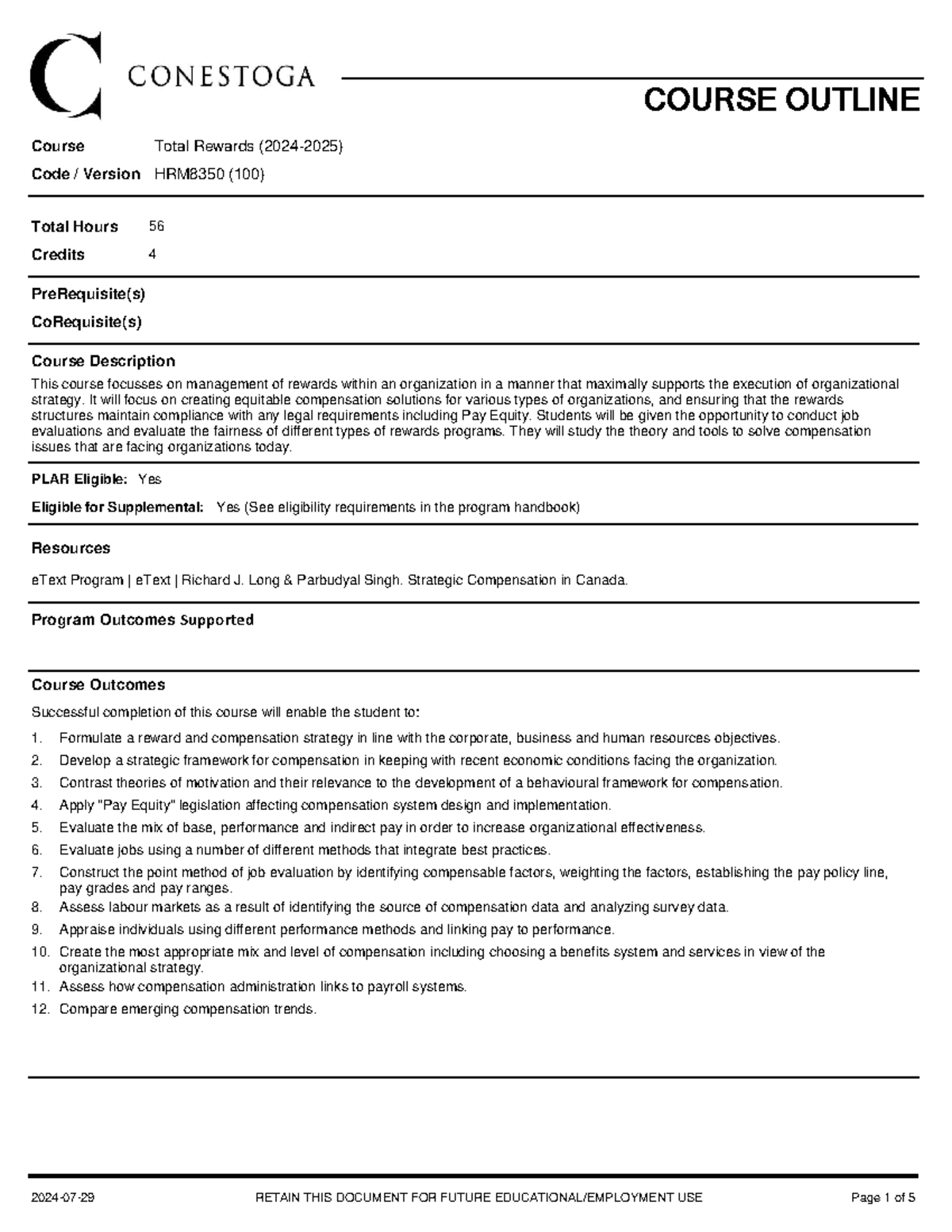 HRM8350 Total Rewards Course Outline 2024-2025 - Studocu