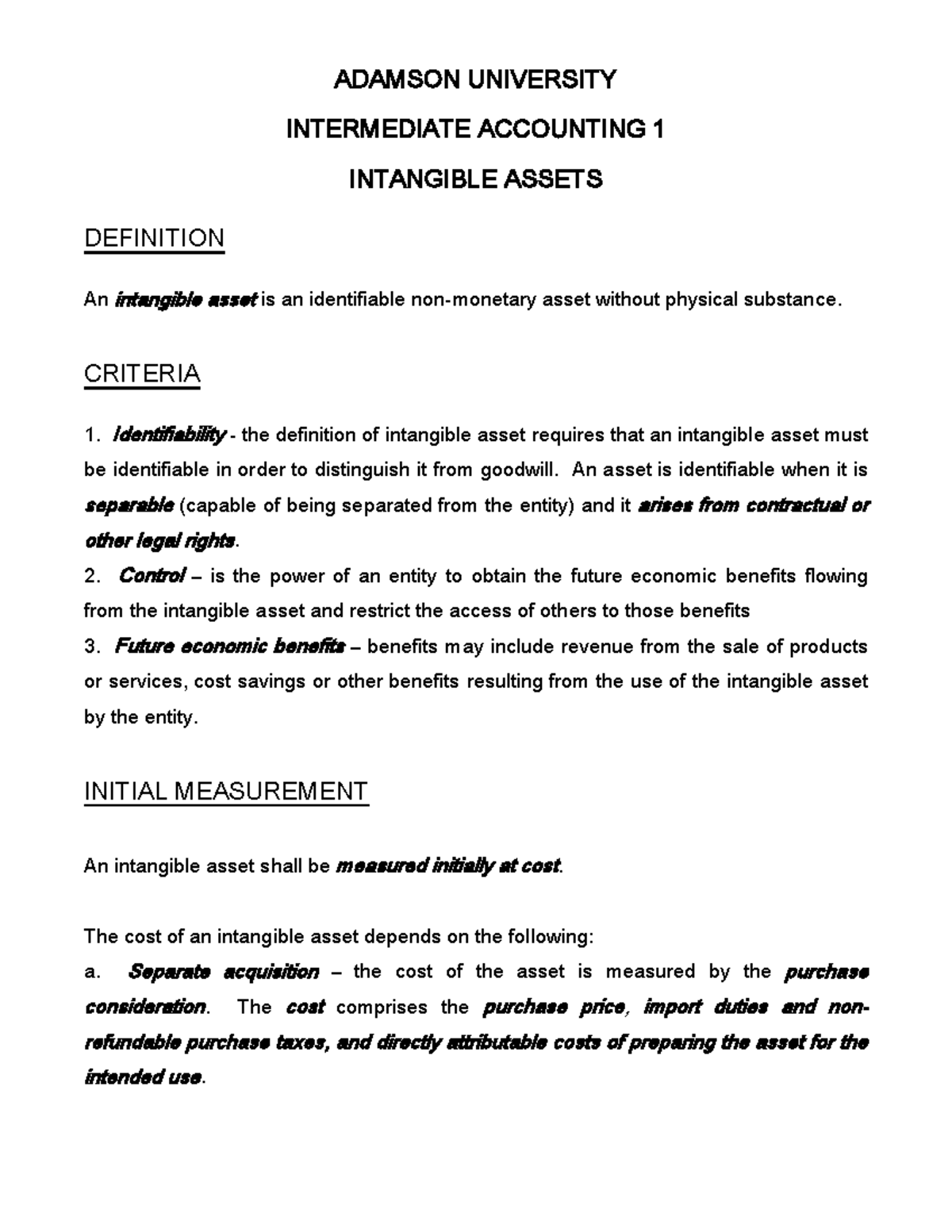 Intermediate Accounting 1: Intangible Assets Overview - Studocu