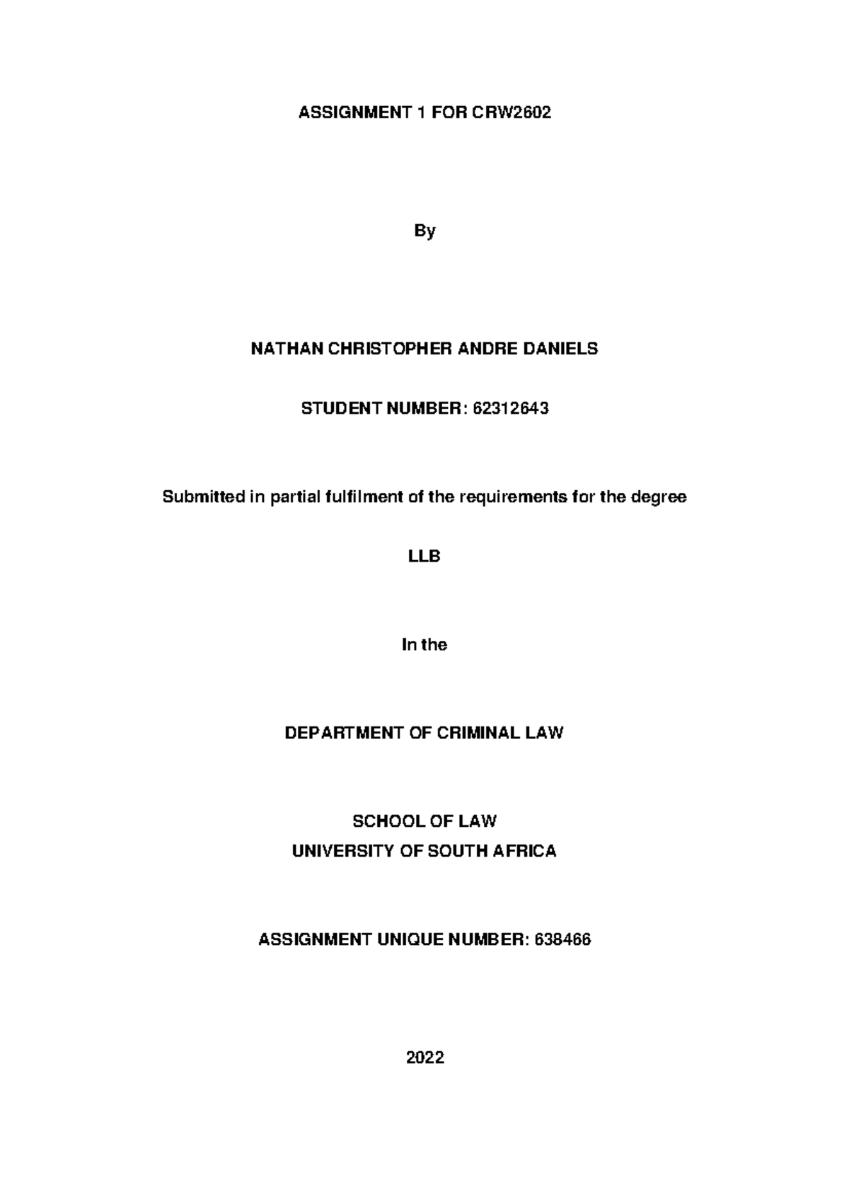 CRW2602 Assignment 1 - ASSIGNMENT 1 FOR CRW By NATHAN CHRISTOPHER ANDRE ...