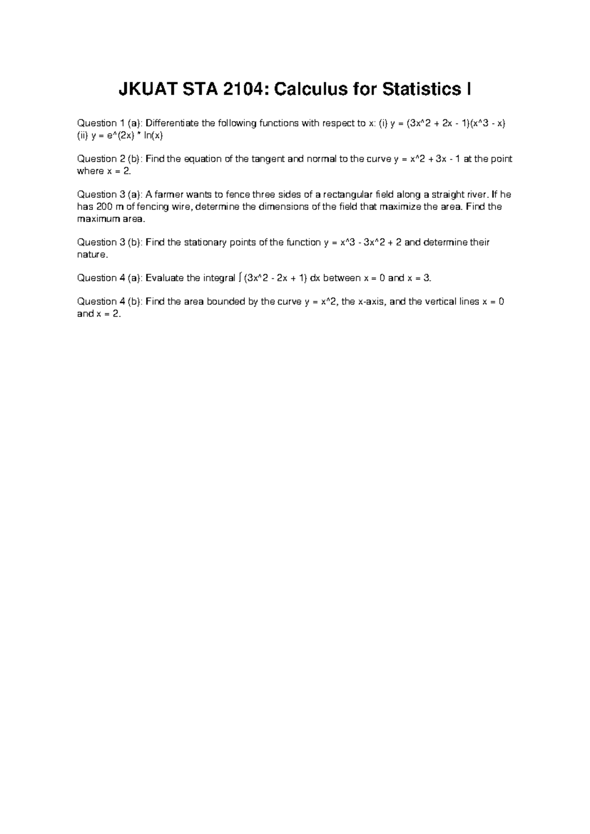 JKUAT STA 2104: Calculus for Statistics I Past Exam Questions - Studocu