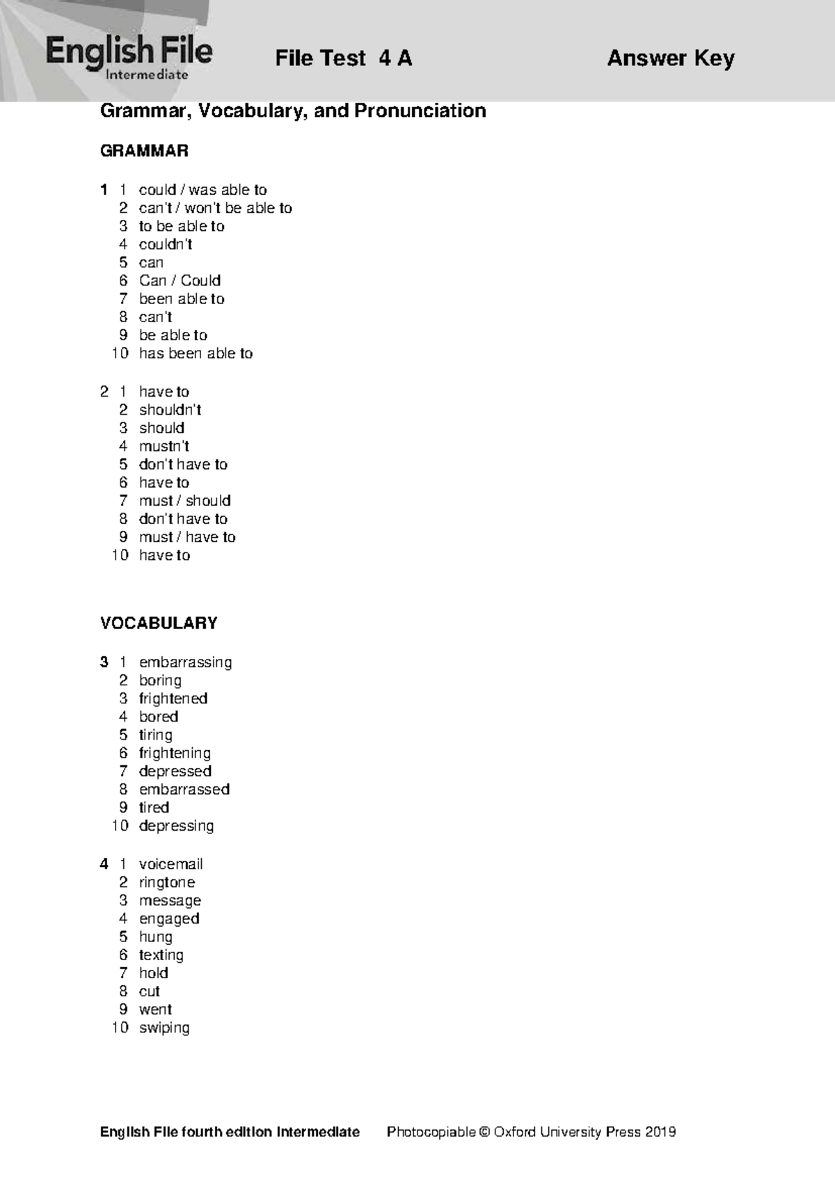 English File 4A Intermediate Test 4 Answer Key: Grammar, Vocabulary ...