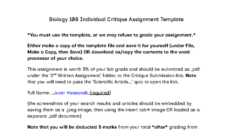 Biology 108 Individual Critique Assignment Template Guide - Studocu