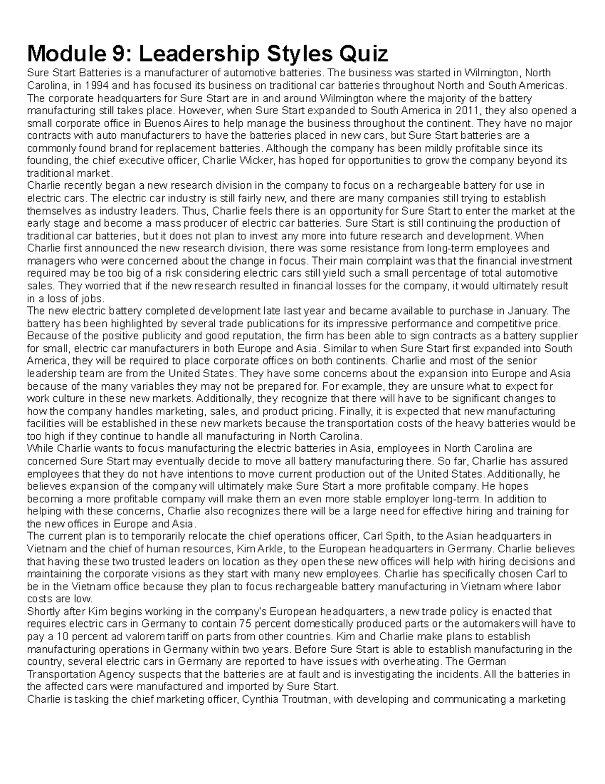 QUIZ MOD 9 - Leadership Styles and Company Expansion Analysis - Studocu