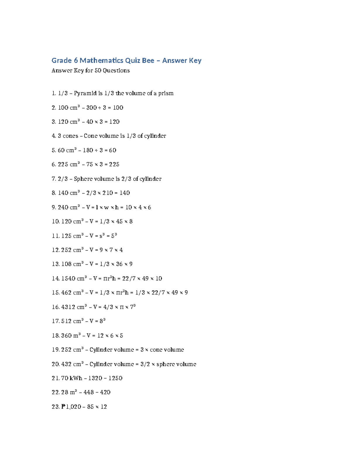 Grade 6 Math Quiz Bee (50 Questions) Answer Key - Studocu