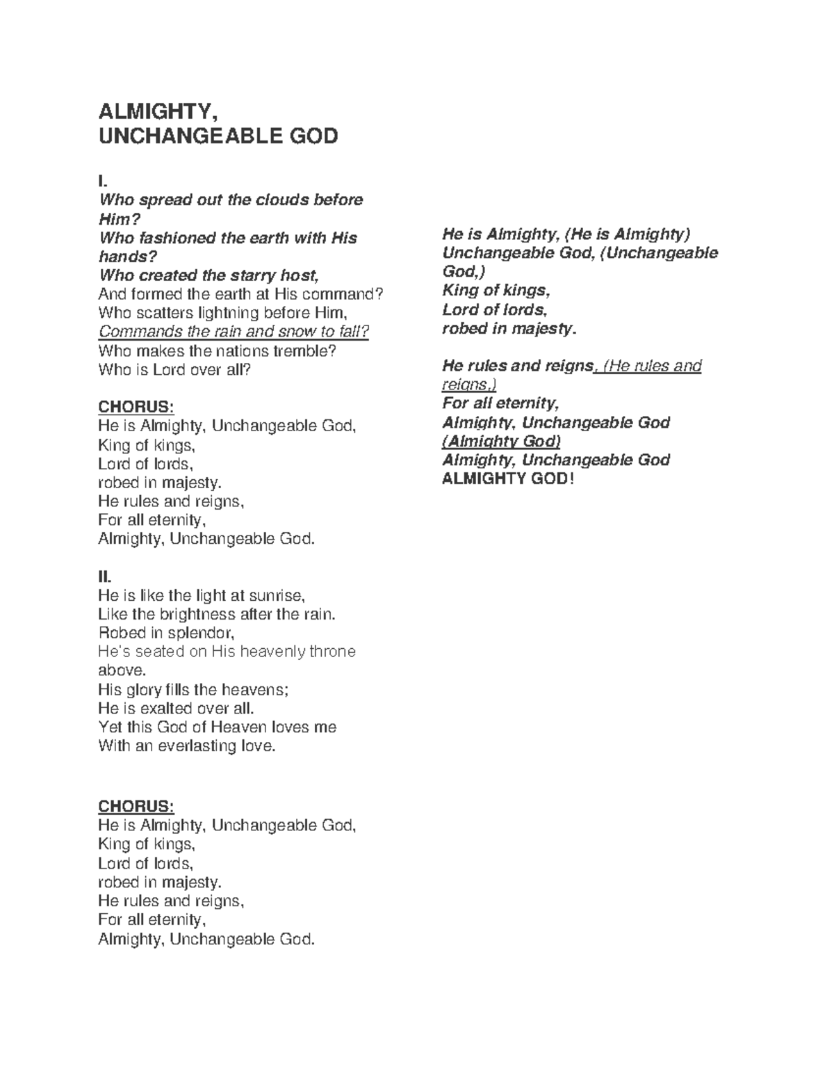 Almighty, Unchangeable God: Song Lyrics & Analysis - Studocu
