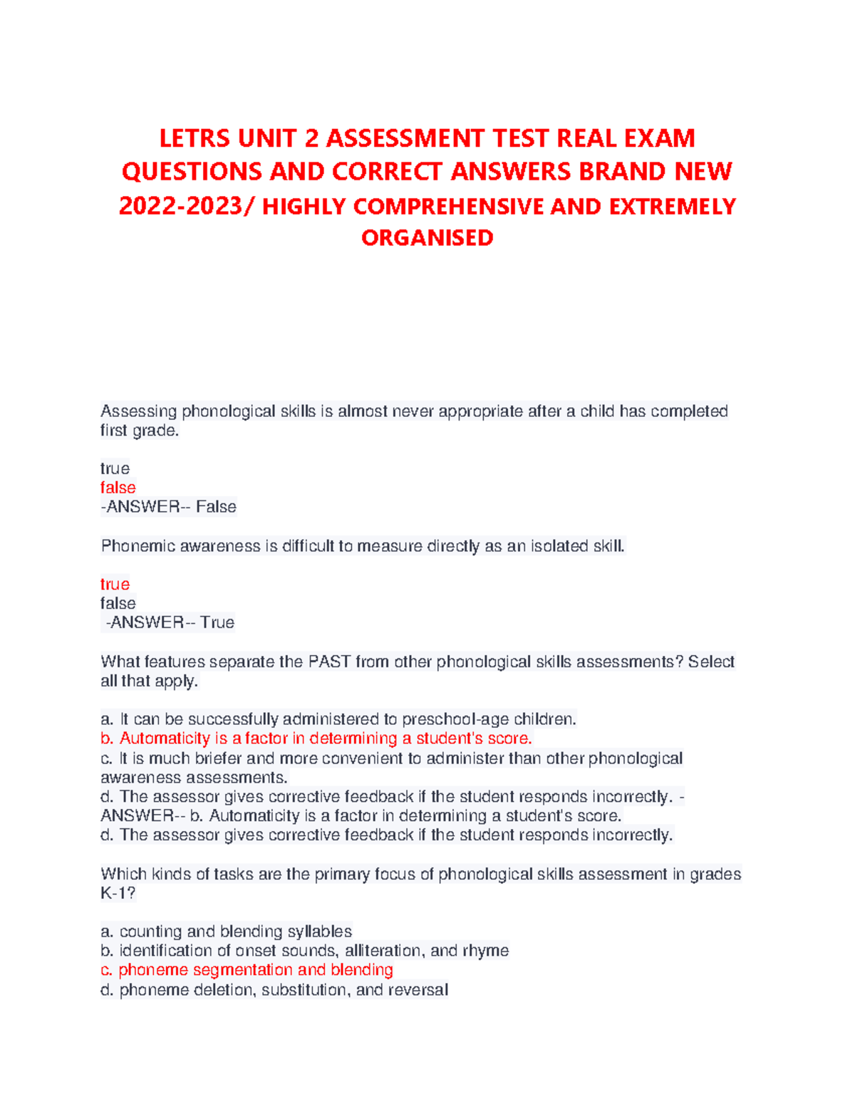 LETRS UNIT 2 Assessment REAL EXAM Q&A: Updated for 2022-2023 - Studocu