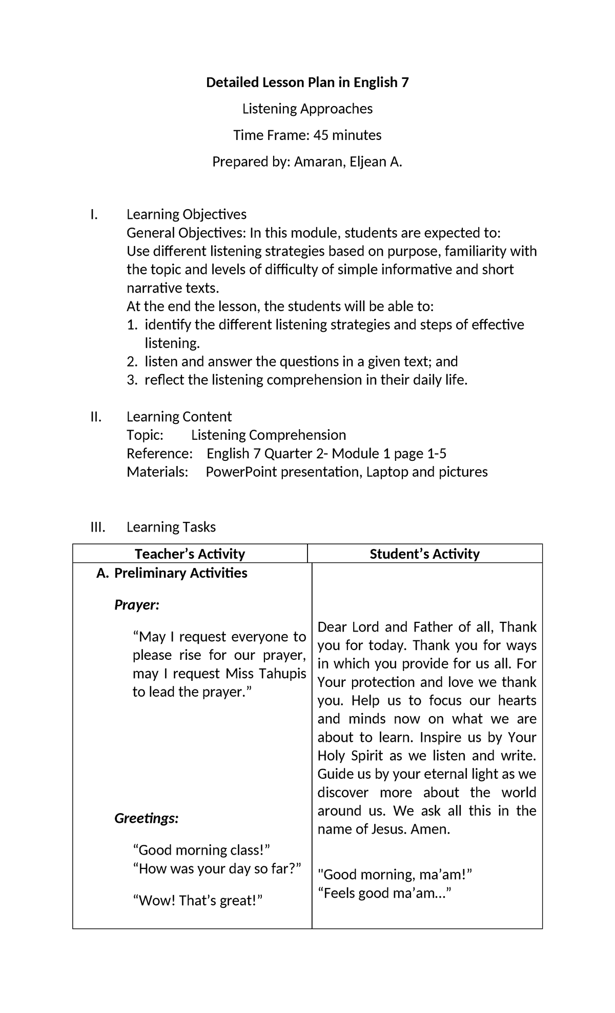 Detailed Lesson Plan: Listening Comprehension in English 7 - Studocu