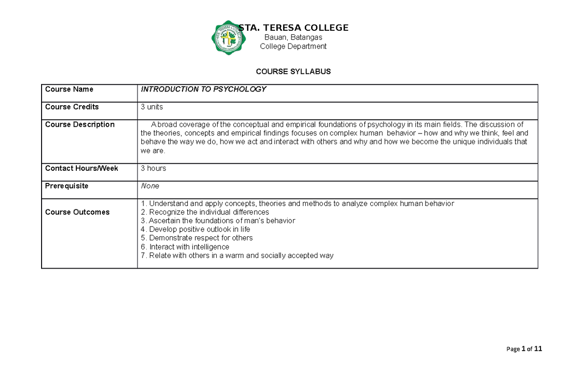 CHED Syllabus - Introduction to Psychology (3 Units) - Studocu