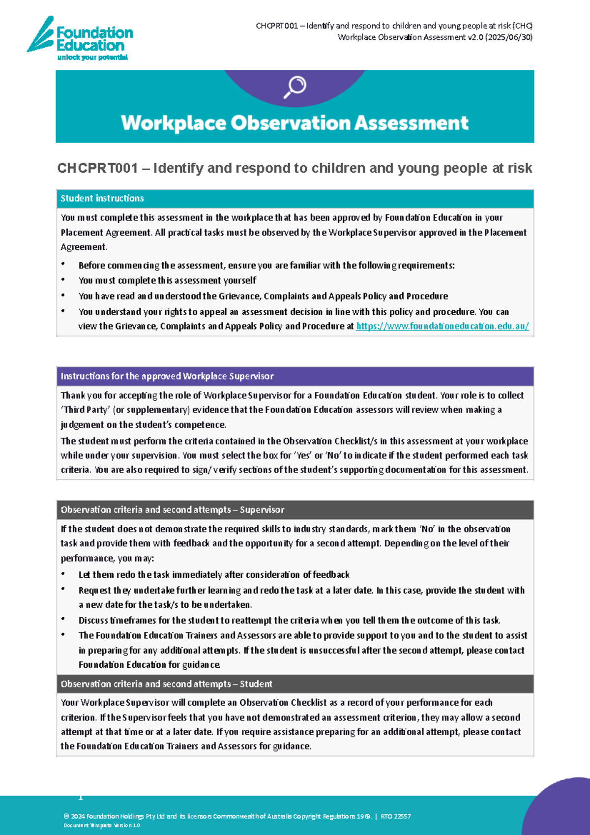 CHCPRT001 Workplace Observation Assessment for Children at Risk - Studocu
