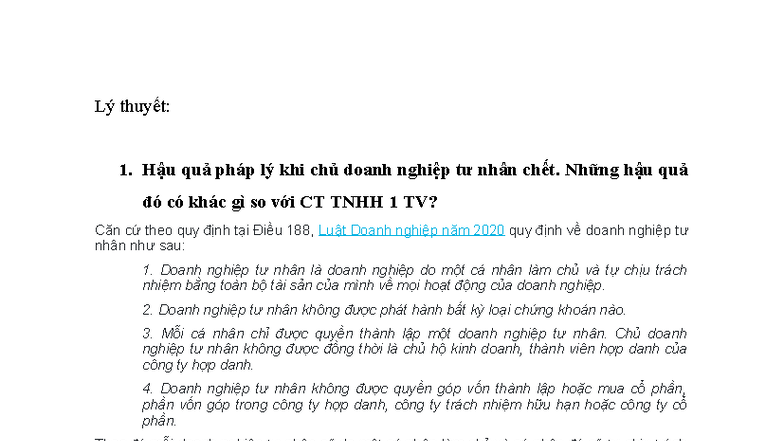 Hậu quả pháp lý khi chủ DNTN chết: So sánh với CT TNHH 1 TV - Studocu